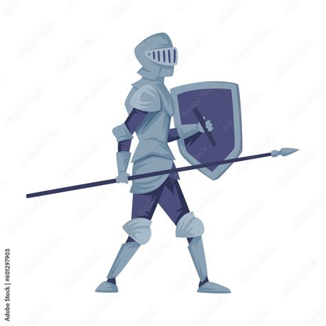 Medieval Knight In Full Armour Walking With Shield And Spear Side View