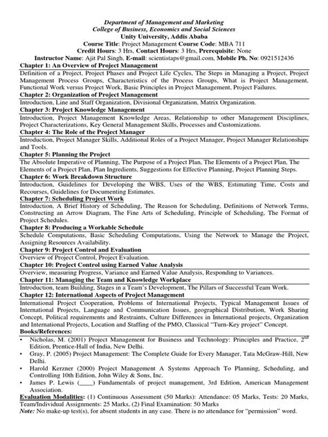 Project Management Course Outline Unity University Project Management