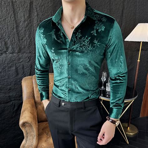 Luxury Velvet Velvet Shirt Men 2024 Spring Slim Casual Dress Shirts