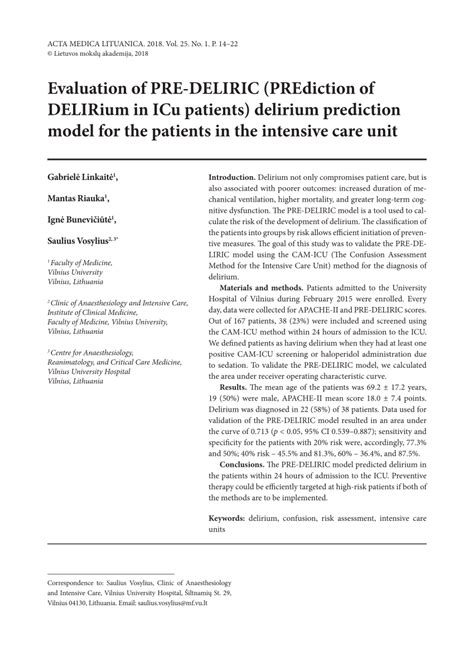Pdf Evaluation Of Pre Deliric Prediction Of Delirium In Icu Patients Delirium Prediction