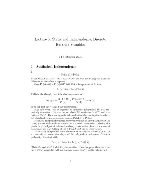 Lecture 5 Statistical Independence Discrete Random Variables Pdf