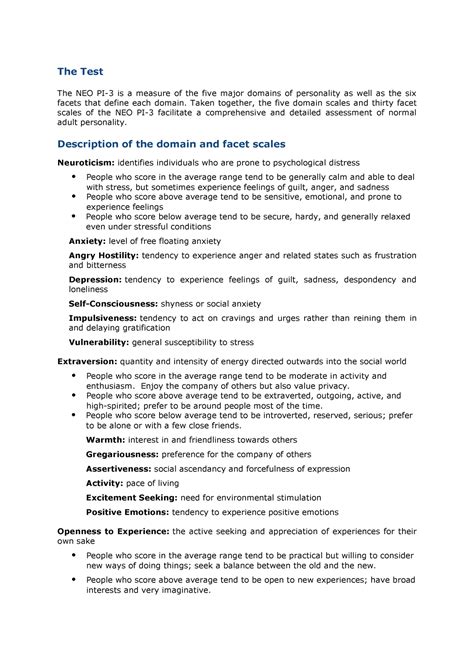 Neo Pi 3 Domain And Facet Descriptions Handout The Test The Neo Pi 3