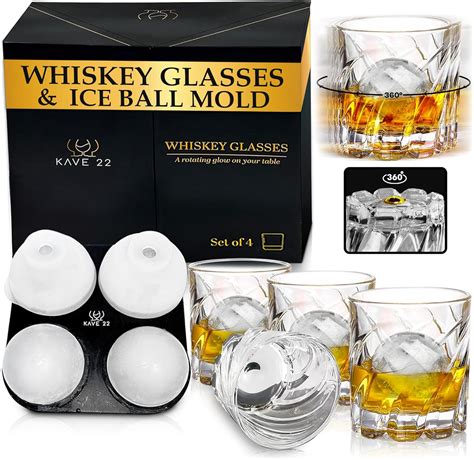 Whiskey Glasses Set Of 4 Spinning Bourbon Glass With Ice Ball Mold
