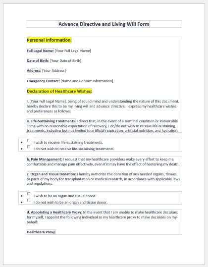 Advance Directives And Living Will Form Download Word File