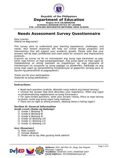 Needs Assessment Survey Questionnaire Pdf