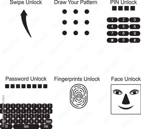Icon Set Black And White Types Of Smartphone Security Types Such As Swipe Pattern Pin