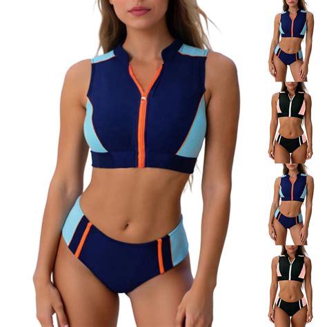Fnfyfh Womens Two Piece Sports Bikini Set Athletic Zip Front Swimsuit