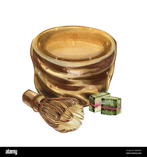 Empty Chawan Bowl Pressed Tea Squares Bamboo Whisk Isolated On White Background Watercolor