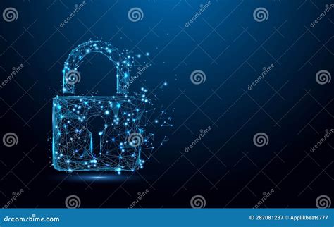 Cyber Security Concept Lock Symbol From Lines And Triangles Point Connecting Network On Blue