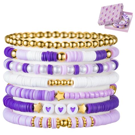 Y1tvei Purple Heishi Bead Bracelets 7pcs Purple Clay Bead Surfer