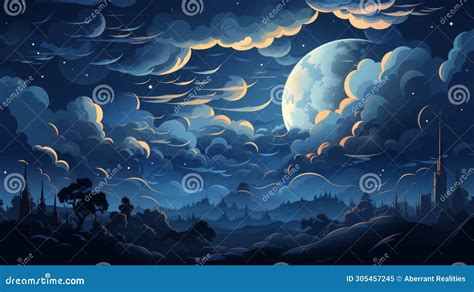 An Illustration Of A Night Sky With Clouds And The Moon Stock