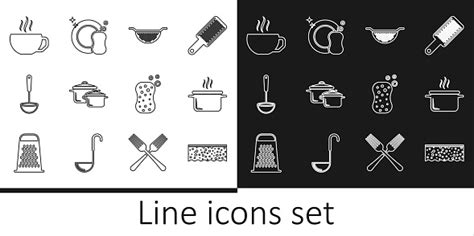 거품 요리 냄비 주방 소쿠리 국자 커피 컵 및 설거지 아이콘이 있는 라인 스폰지를 설정합니다 벡터 강철에 대한 스톡 벡터 아트