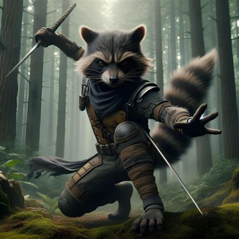 Teenage Mutant Ninja Raccoon In Forest Premium Ai Generated Image