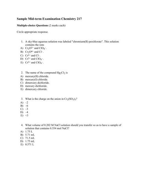 Sample Mid Term Examination Chemistry 217