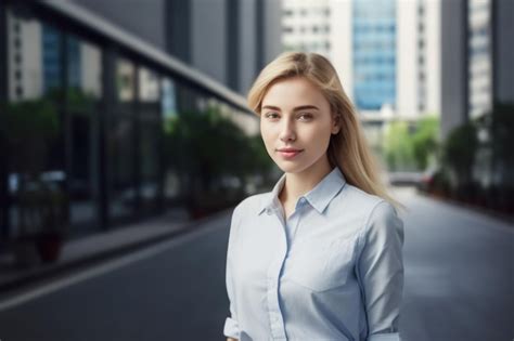 Premium Photo Young Shy Blonde Girl In Business Attire Standing In