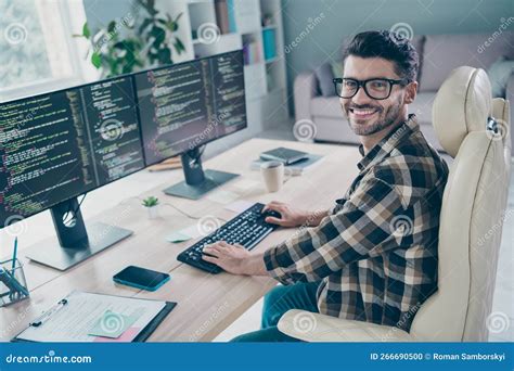 Photo Of Happy Cheerful Coder Dressed Eyewear Writing Keyboard Web