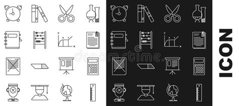 Set Line Ruler Calculator File Document And Paper Clip Scissors Abacus Notebook Alarm