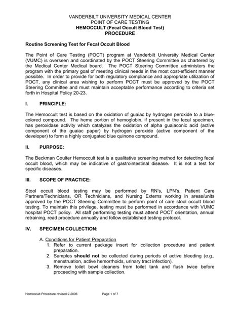 Hemoccult Stool Testing Vanderbilt University Medical Center