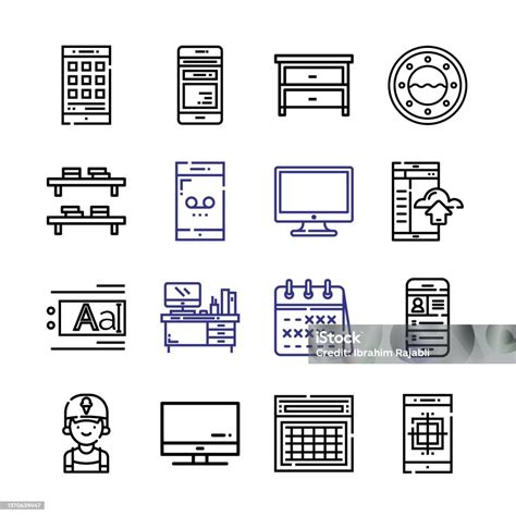 줄 아이콘이 있는 책상 아이콘 세트입니다 모던 한 얇은 라인 스타일 웹 및 모바일 아이콘에 적합합니다 벡터 일러스트 Eps 10 3차원 형태에 대한 스톡 벡터 아트 및 기타