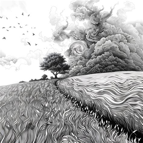 Drawing Of A Landscape With A Tree And A Field Of Grass Premium AI Generated Image