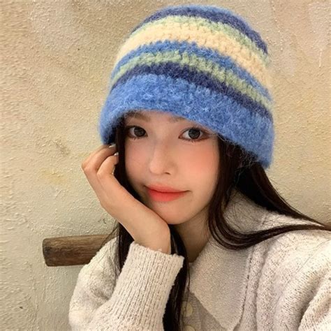 핑크비올라 푸키 줄무늬 니트 앙고라 여성 버킷햇 벙거지 모자