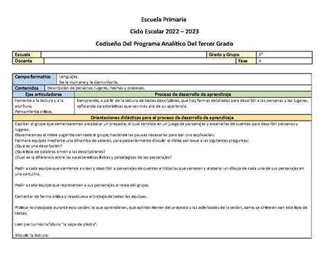 Codiseño Del Programa Analítico 3er Grado Escuela Primaria Ciclo Escolar 2022 2023 Codiseño