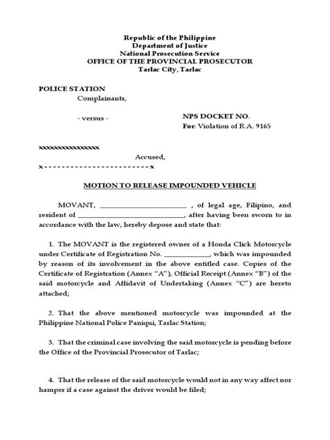 Motion To Release Impounded Vehicle Ra 9165 Pdf