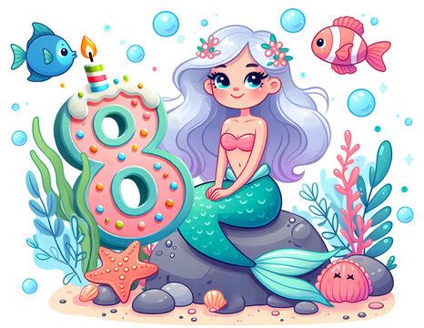 A Colorful Clipart Image Of A Mermaid Celebrating Her 8th Birthday With