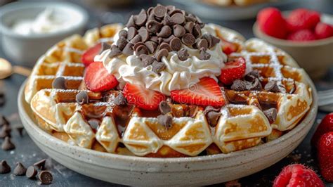 Table Topped With Waffles Covered In Chocolate Chips And Whipped Cream
