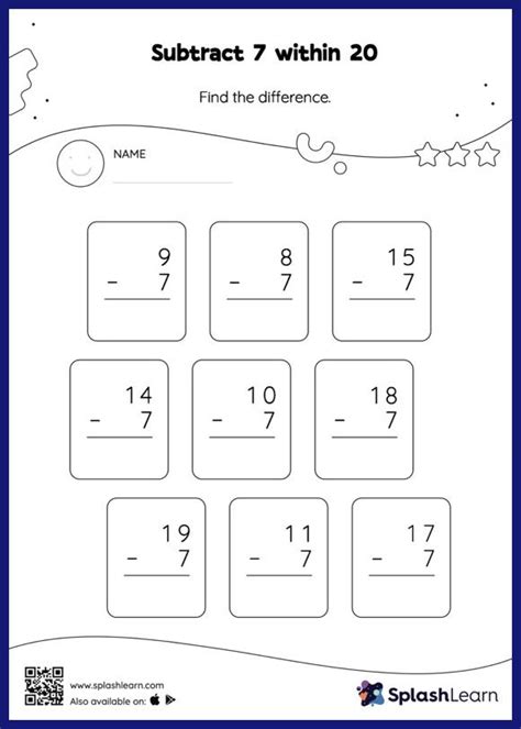 Subtract 7 Within 20 Vertical Subtraction Math Worksheets