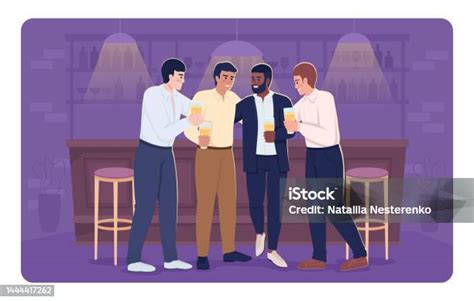 퇴근 후 바에서 휴식을 취하는 남자 친구들 평면 컬러 벡터 일러스트 레이 션 바 카운터에 대한 스톡 벡터 아트 및 기타 이미지 바 카운터 우정 2차 도형 Istock