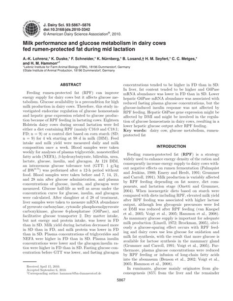Pdf Milk Performance And Glucose Metabolism In Dairy Cows Fed Rumen Protected Fat During Mid
