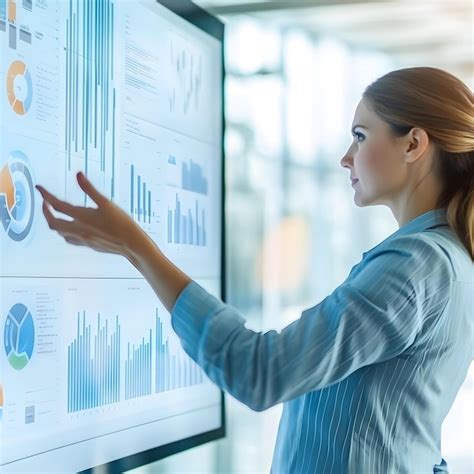 Businesswoman Analyzing Data On Large Touchscreen Display Premium Ai