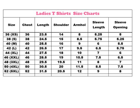 Ladies T Shirts Size Charts Pdf