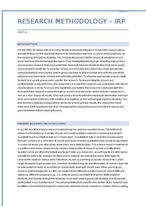 Part A Research Methodologies Assignment Research Methodology Irp