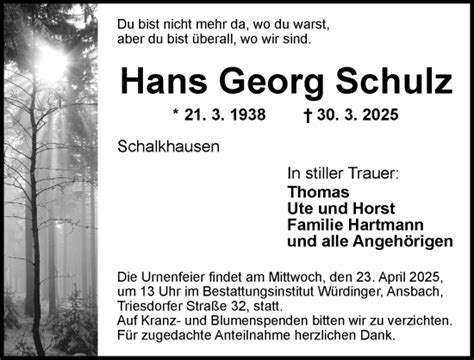 Traueranzeigen Von Hans Georg Schulz Trauerflzde
