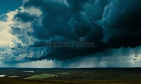 Dramatic Thunderstorm With Lightning Striking Over A Scenic Landscape Under Dark Clouds Stock