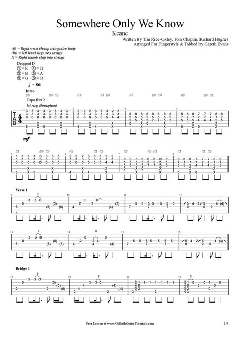 Somewhere Only We Know Keane Fingerstyle Guitar Tab Gareth Evans