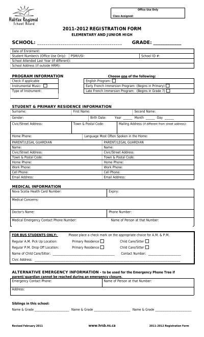 Registration Form Halifax Regional School Board
