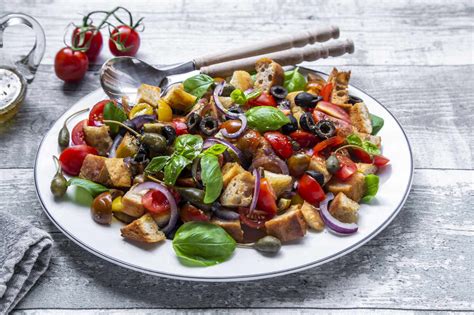 Panzanella Italian Bread Salad With Roasted Ciabatta Tomatoes Olives
