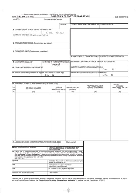 Fillable 7525 V Shippers Export Declaration Printable Pdf Download