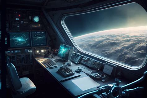 Spaceship Interior Dark Futuristic Control Room Generative Ai Stock Illustration