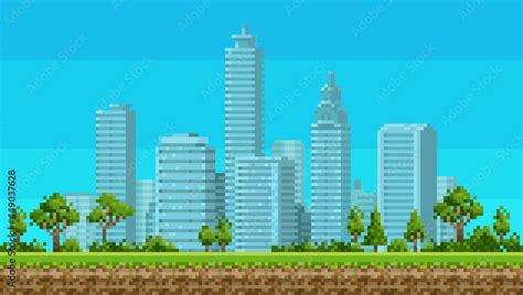 Pixel Art 8 Bit Urban Landscape With Park On City Background For Retro