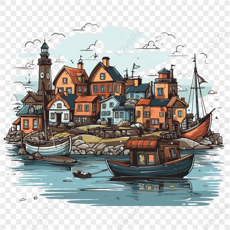 Harbor Clipart Illustration Of A Quaint Village With Boats Along A