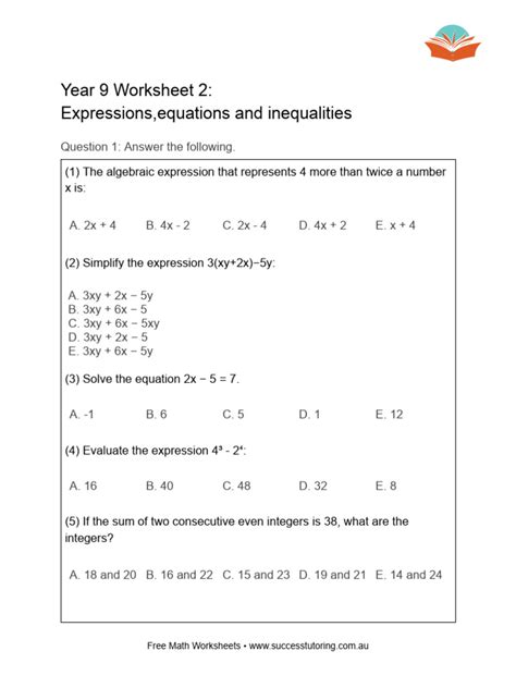 Year 9 Worksheet 2 Expressionsequations And Inequalities Pdf