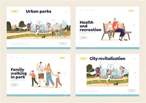 도시 공원에서 걷는 사람들은 야외에서 만화 캐릭터와 함께 방문 페이지 세트의 개념으로 함께 시간을 보냅니다 레크리에이션 및 건강 개념입니다 평면 벡터 일러스트 레이 션