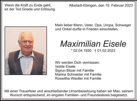 Traueranzeigen Von Maximilian Eisele Schwarzwälder Bote Trauer