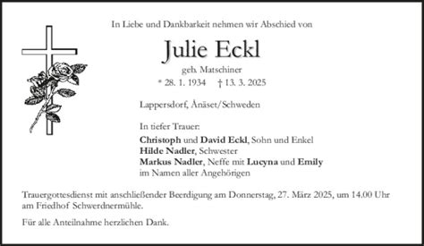 Traueranzeigen Von Julie Eckl Mittelbayerische Trauer