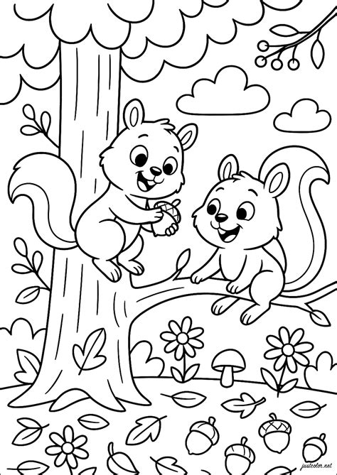 Happy Squirrels Sharing A Nut Squirrel Coloring Pages