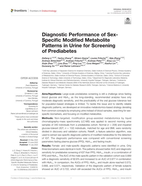 Pdf Diagnostic Performance Of Sex Specific Modified Metabolite